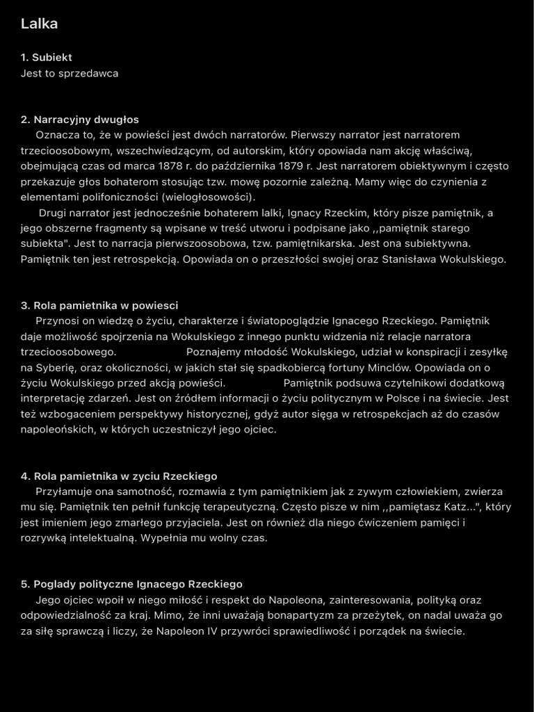 Lalka - Notatka Pod Sprawdzian | PDF