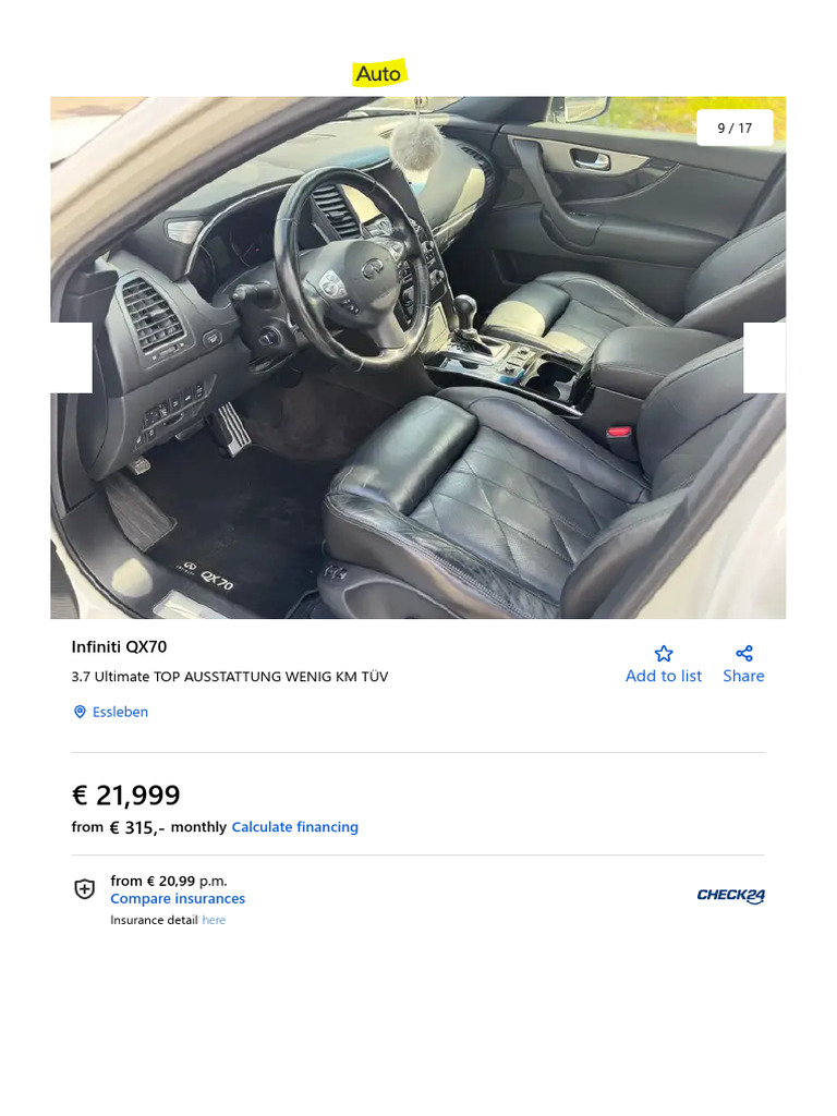 Infiniti QX70 Off-Road - Pick-Up in White Used in Essleben For 21,999 ...