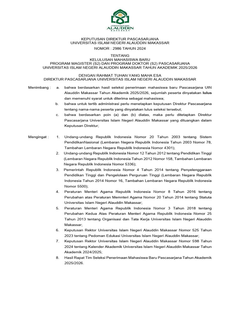 SK Kelulusan Camaba Pascasarjana Uin Alauddin Sept 20251 | PDF
