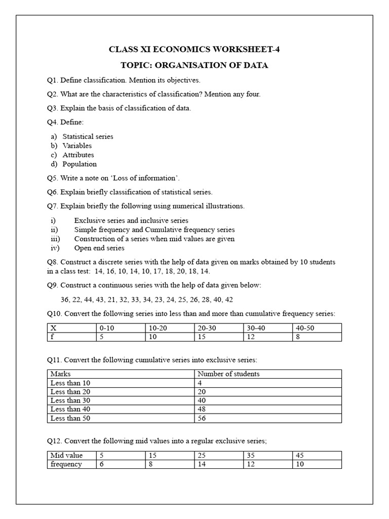Class Xi Eco WS 4 Organisation of Data | PDF