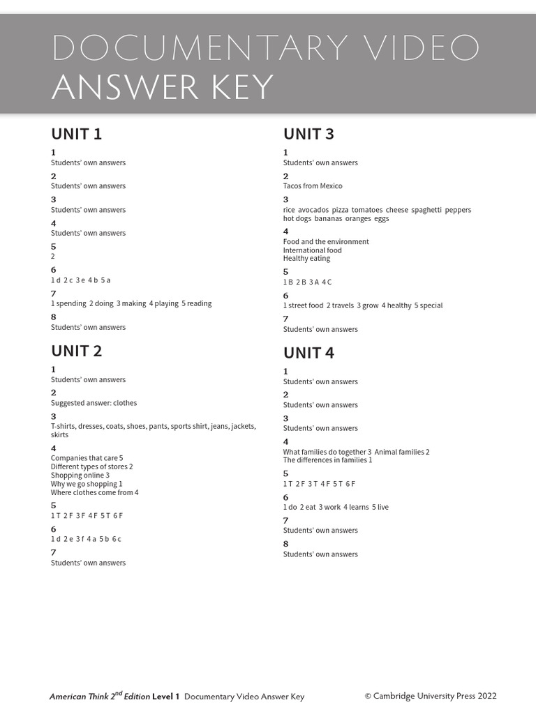 American Think 2nd Edition Level 1 Answers | PDF