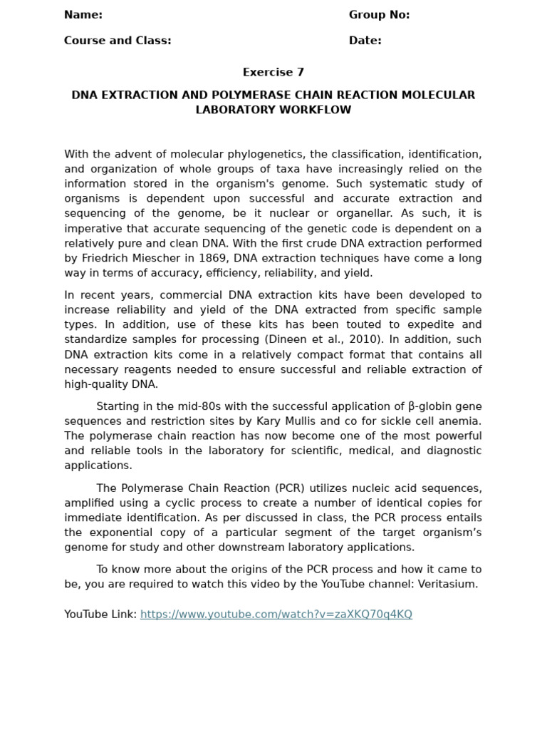Exercise 7 - DNA Extraction and PCR | PDF | Polymerase Chain Reaction ...