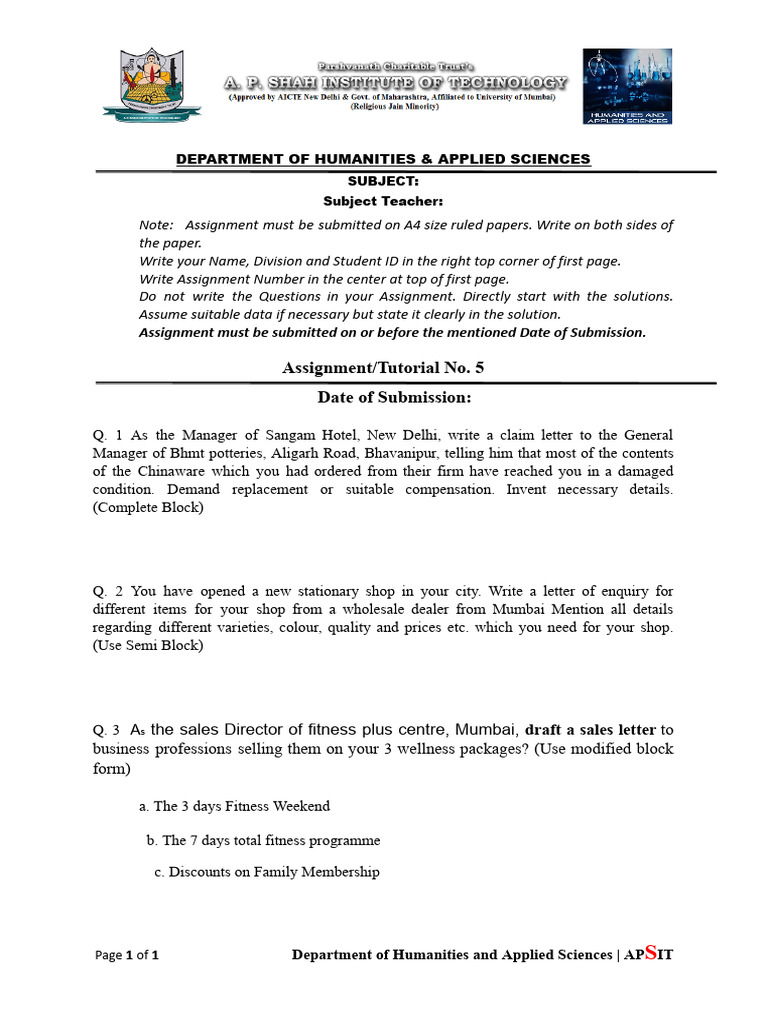 Assignment Guidelines for Business Letters | PDF