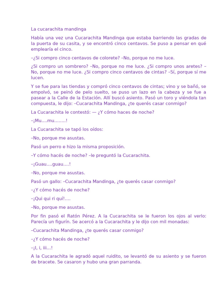 La Cucarachita Mandinga: Cuento Completo | PDF