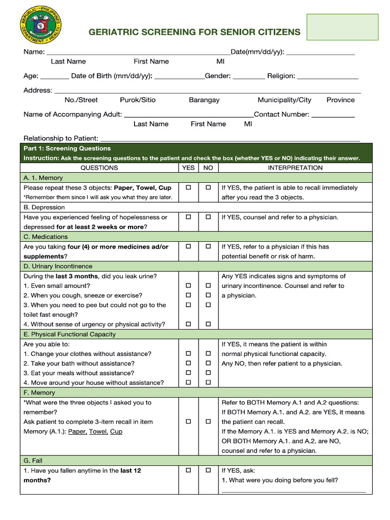 Geriatric Screening For Senior Citizens | PDF