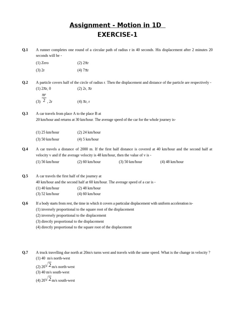 Assignment - Motion in 1D | PDF | Acceleration | Velocity