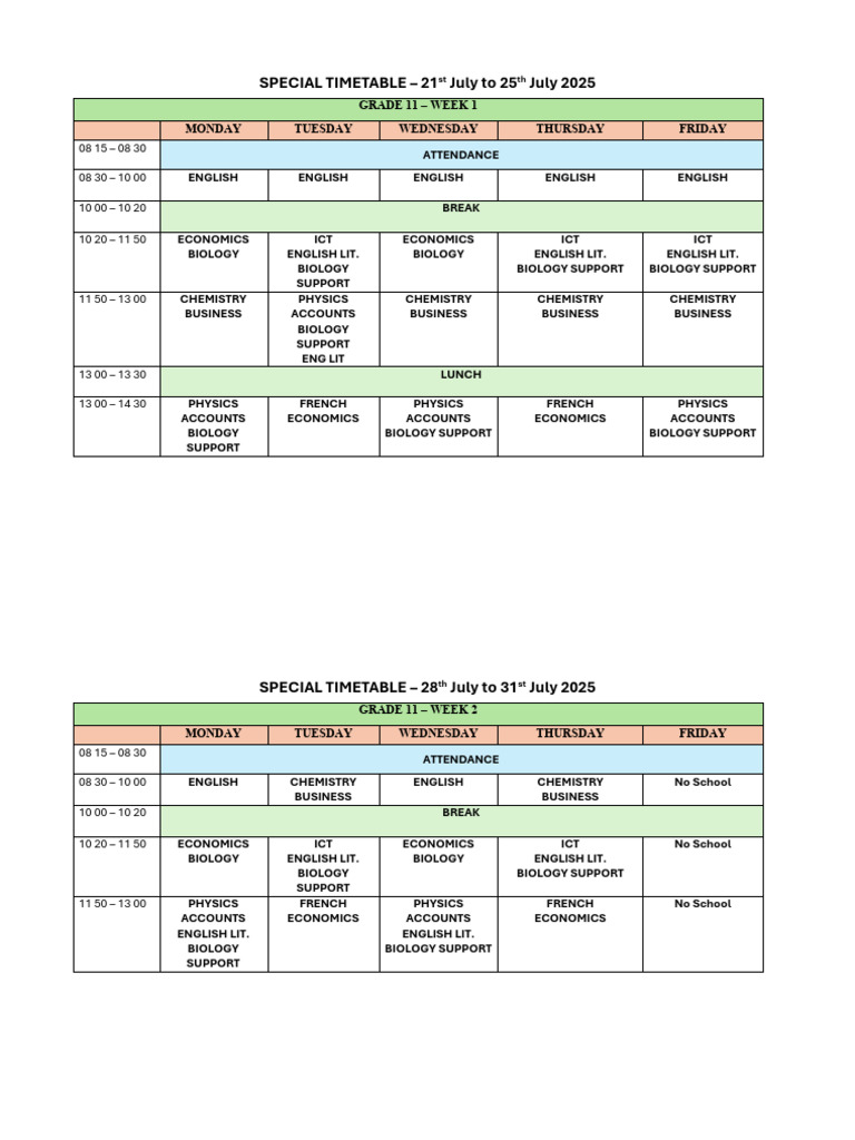 Special Timetable - Grade 11 | PDF