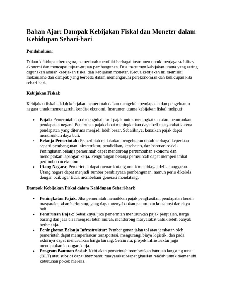 Bahan Ajar Guru (Dampak Kebijakan Fiskal Dan Moneter Di Kehidupan) | PDF