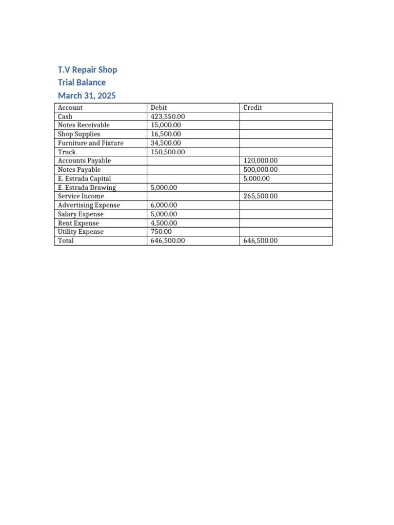 TV Repair Shop Trial Balance | PDF