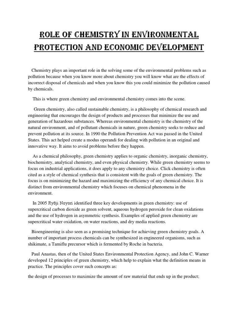 Role of Chemistry in Environmental Protection and Economic Development ...