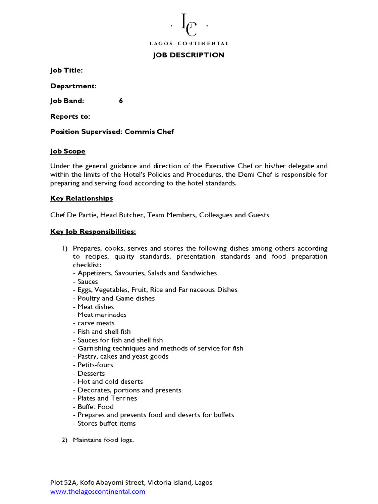 Demi Chef Job Description and Duties | PDF | Chef | Hors D'oeuvre