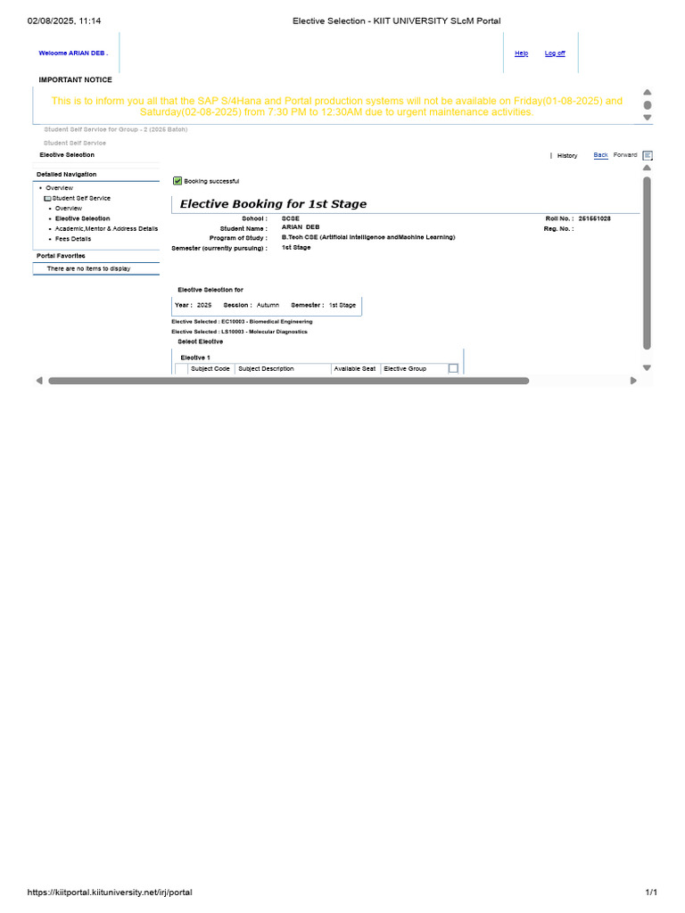 Elective Selection - KIIT UNIVERSITY SLcM Portal | PDF