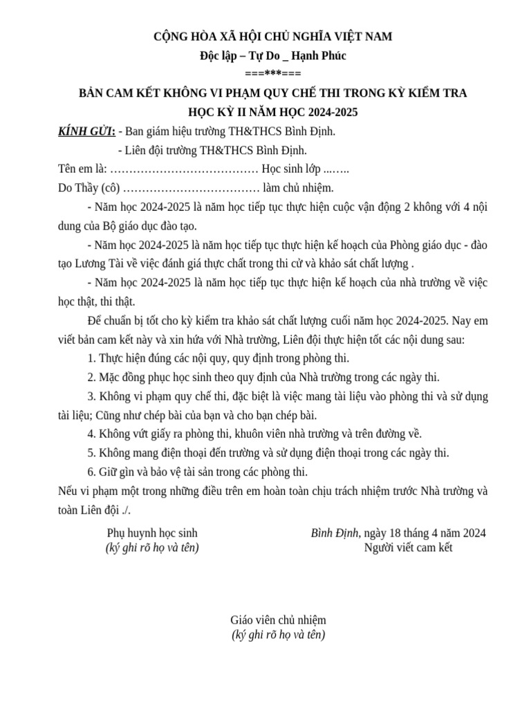 Ban Cam Ket Khong Vi Pham Quy Che Thi Cuoi Nam Hoc | PDF