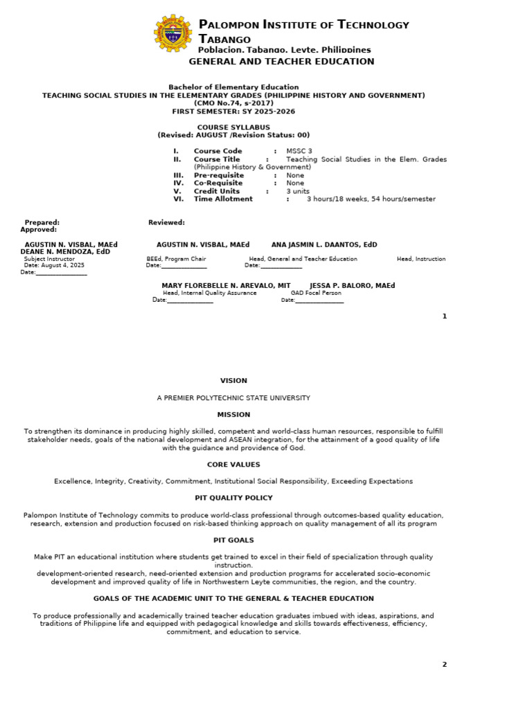 Syllabus - MSSC 3 PH Government First Semester 2025-2026 | PDF | Educational Assessment | Learning