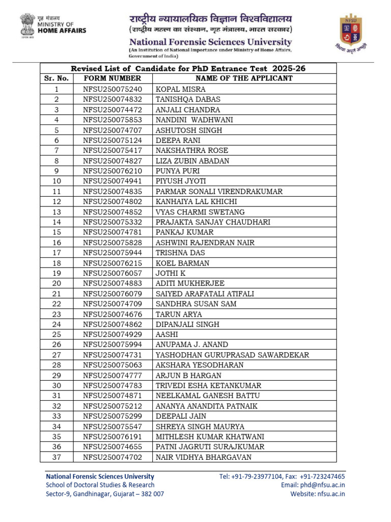 NFSU PhD Candidate List 2025-26 | PDF