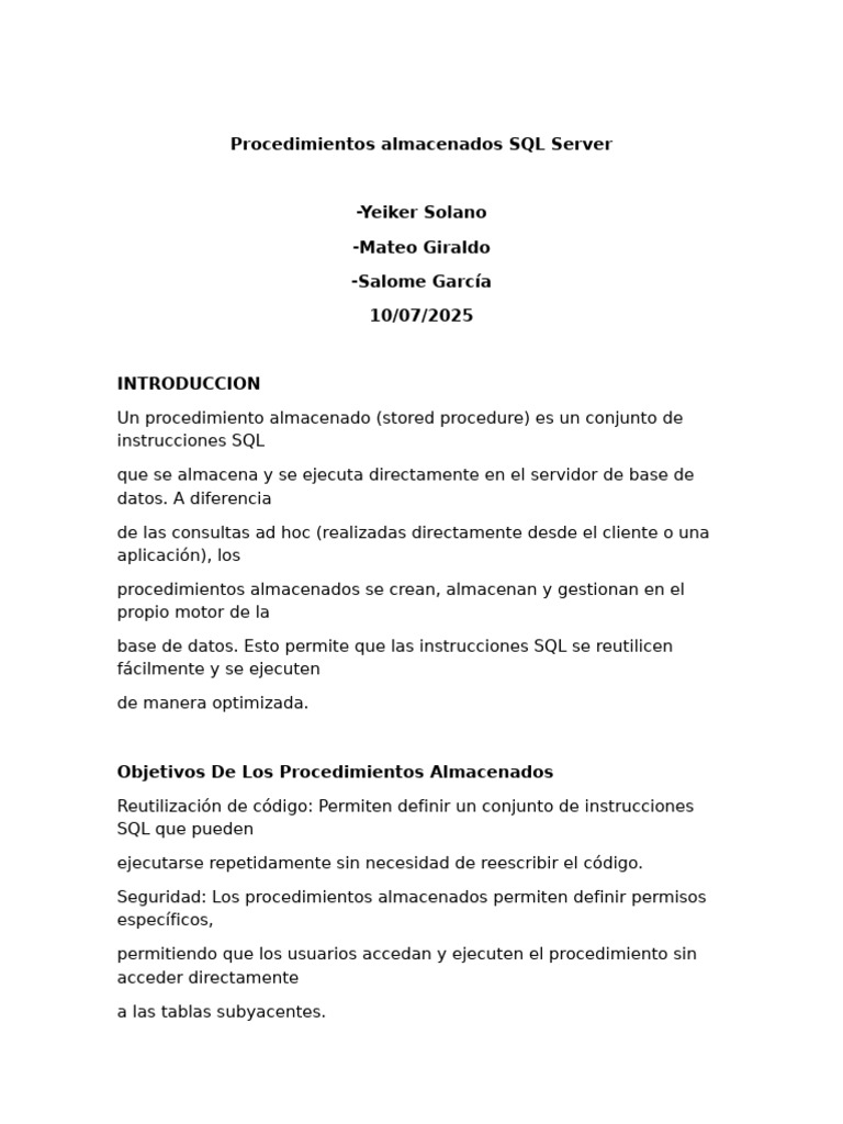 Procedimientos Almacenados SQL | PDF | Data Management Software | Databases