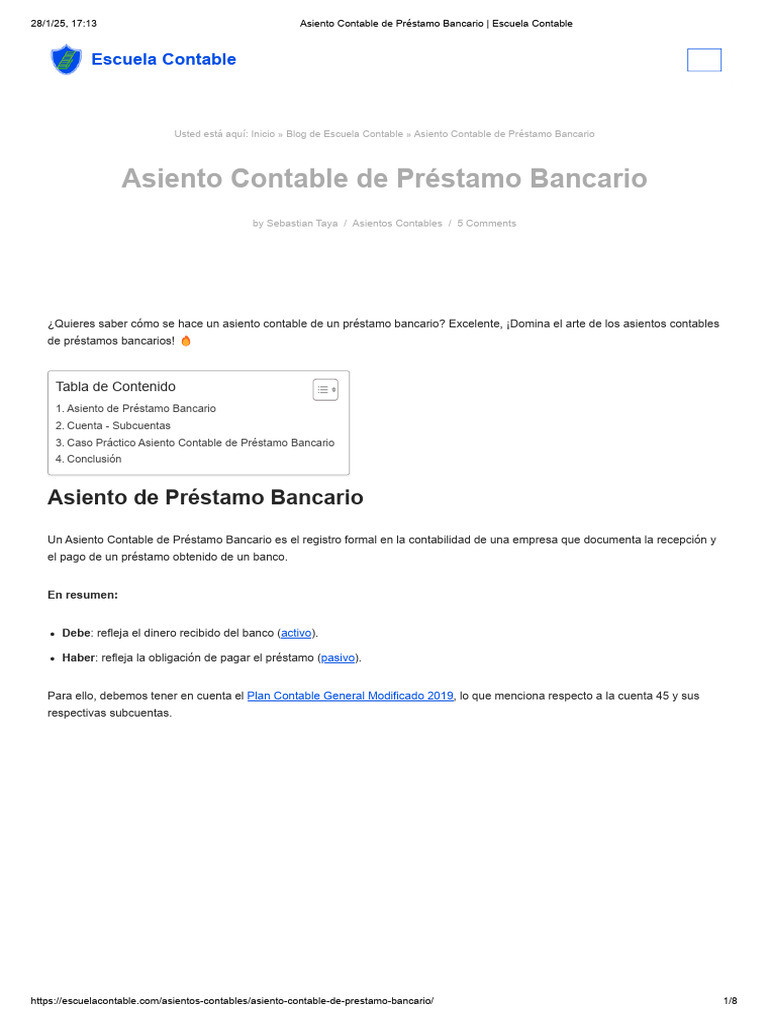 Asiento Contable de Préstamo Bancario - Escuela Contable | PDF | Contabilidad | Bancos