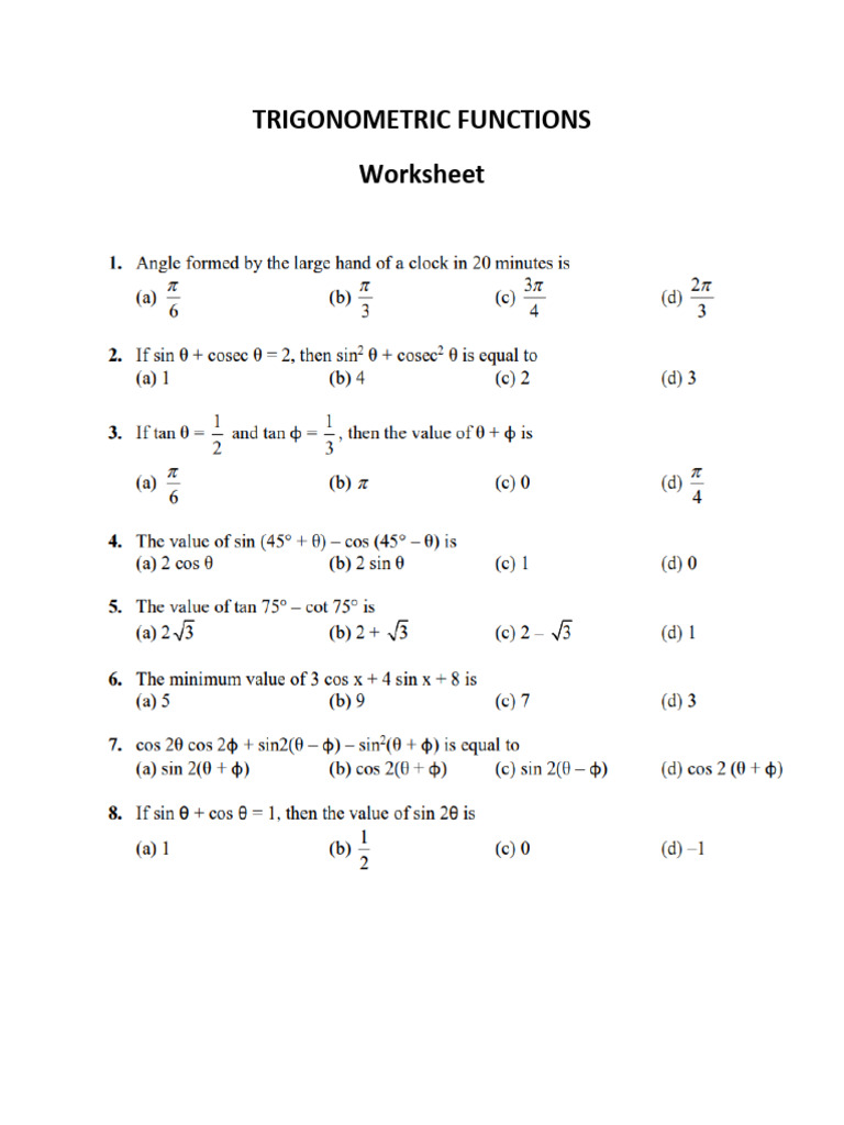 Trigonometric Functions - Worksheet | PDF