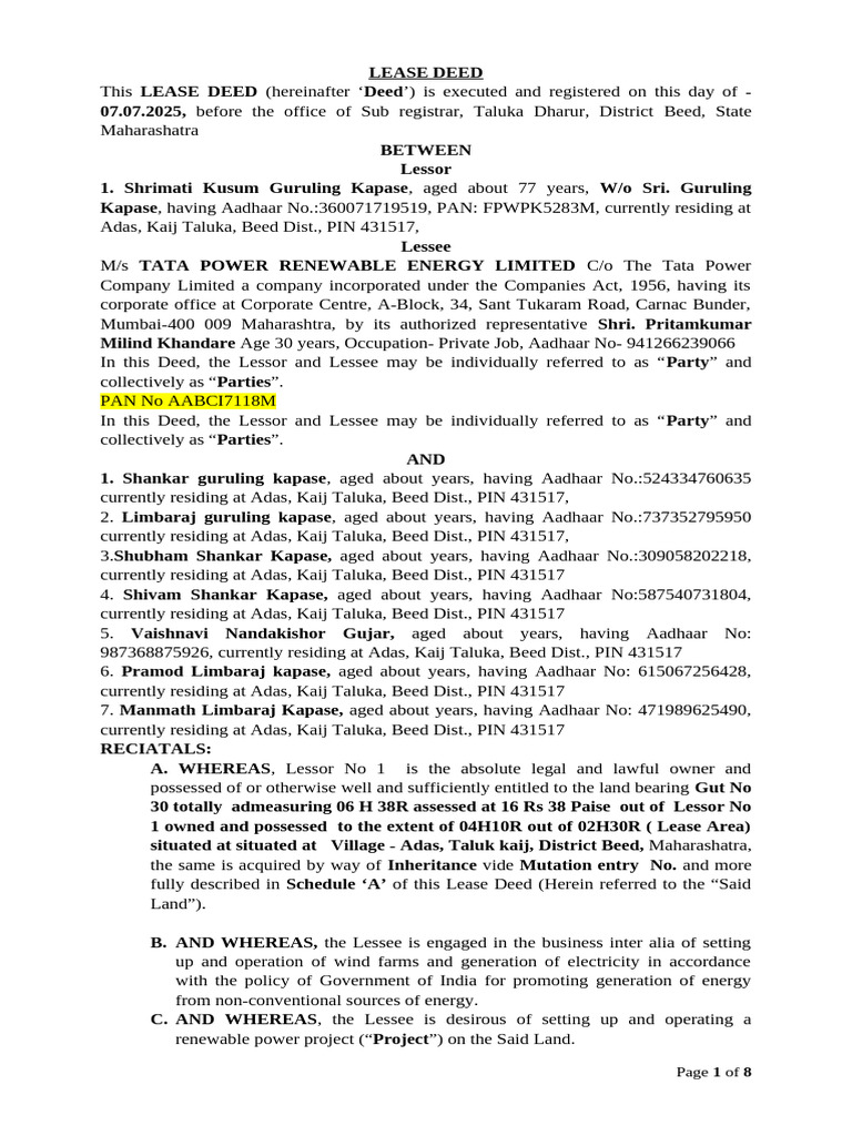 Lease Deed for Renewable Energy Project | PDF | Lease | Indemnity