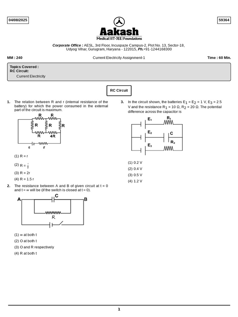Current Electricity Assignment-1 (QP) Suii | PDF | Capacitor | Voltage