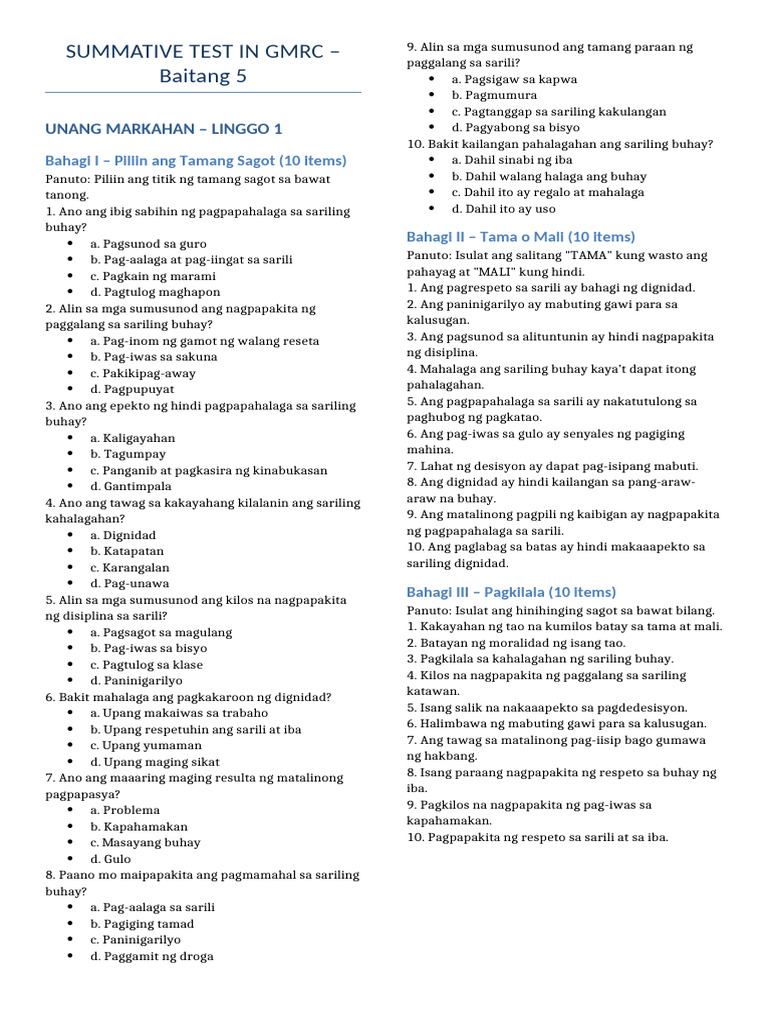 Summ - Test (GMRC) 5 Q1 W1 | PDF