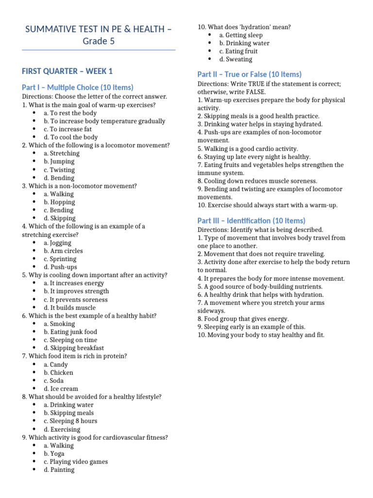 PE & Health Test for Grade 5 | PDF | Determinants Of Health