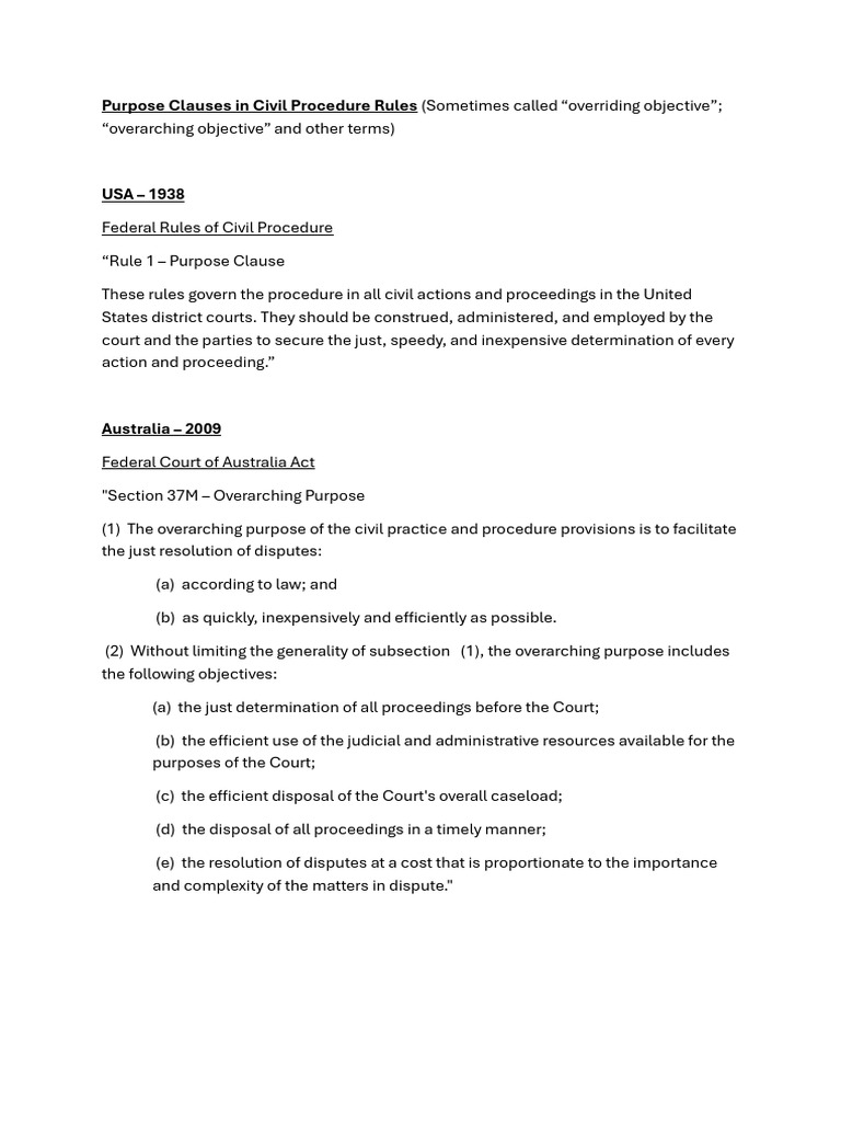 Purpose Clauses in Civil Procedure Rules | PDF | Public Law | Political Law
