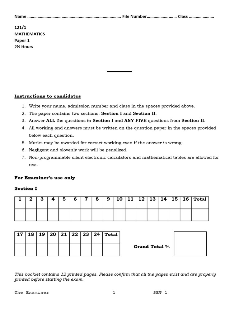 Form 3 Maths p1 Q Ms Set 1 | PDF