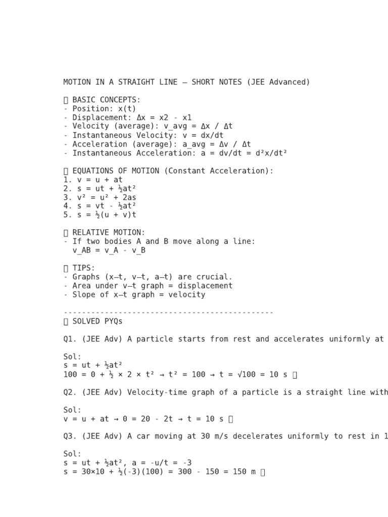 JEE Short Notes on Straight Line Motion | PDF
