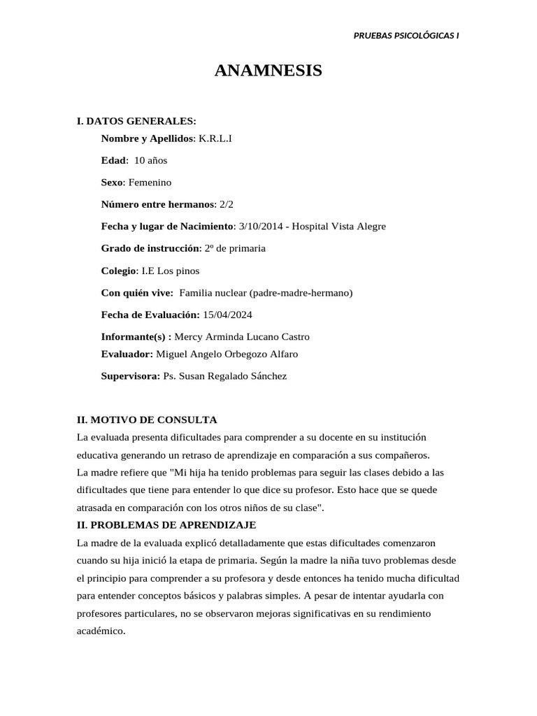Anamnesis Niños | PDF | Sicología | Aprendizaje