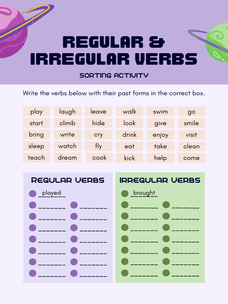Purple and Green Playful Regular & Irregular Verbs English Worksheet | PDF