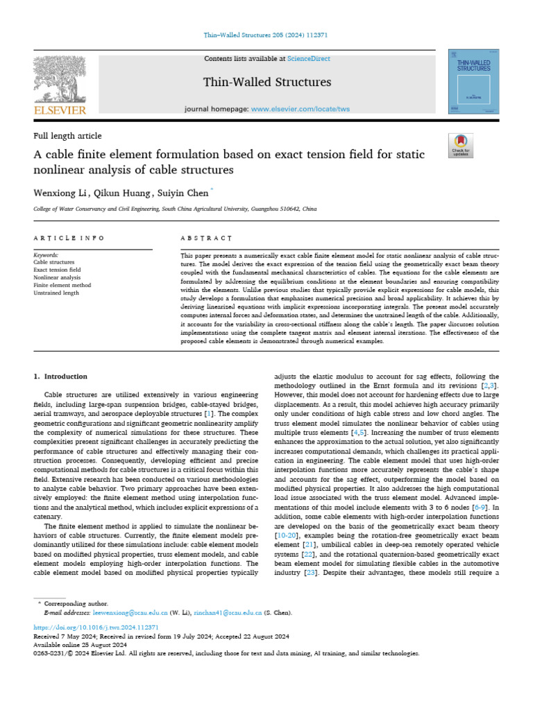 A Cable Finite Element Formulation Based on Exact Tension f 2024 Thin ...