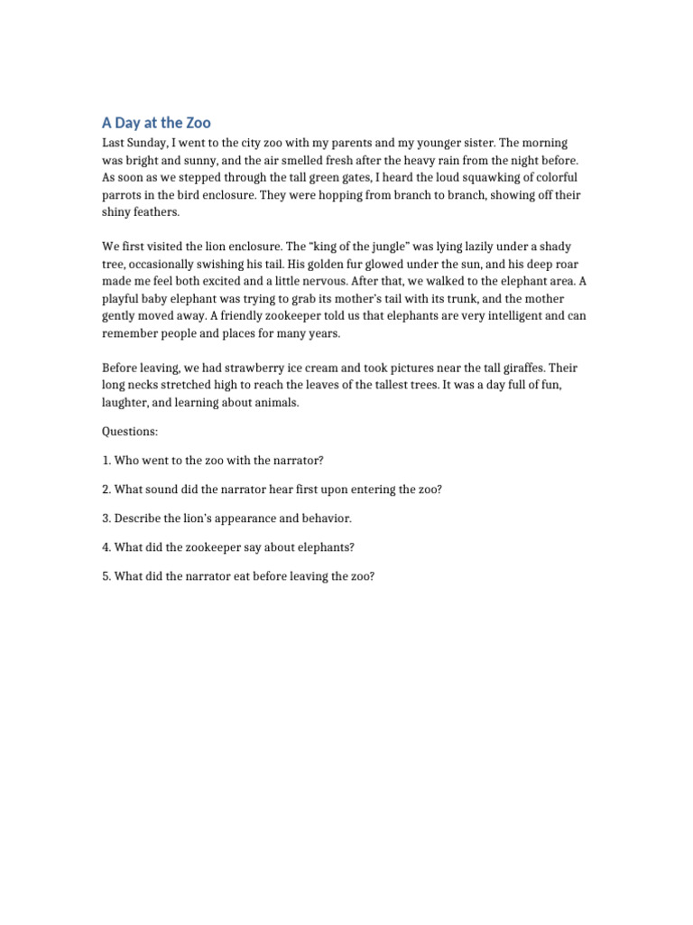 Comprehension 1 A Day at The Zoo | PDF