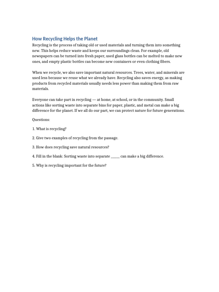 Comprehension 4 How Recycling Helps The Planet | PDF