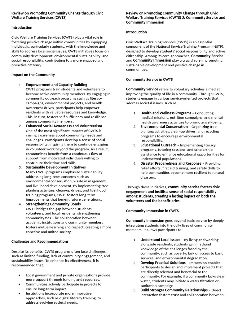 Promoting Community Change through CWTS | PDF | Sustainability ...
