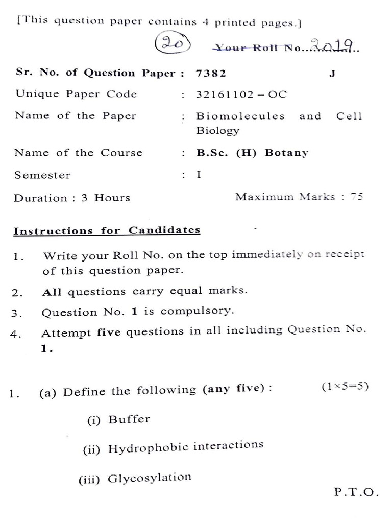 B.sc. (H) Botany 1st Semester 2019 | PDF | Proteins | Cell (Biology)