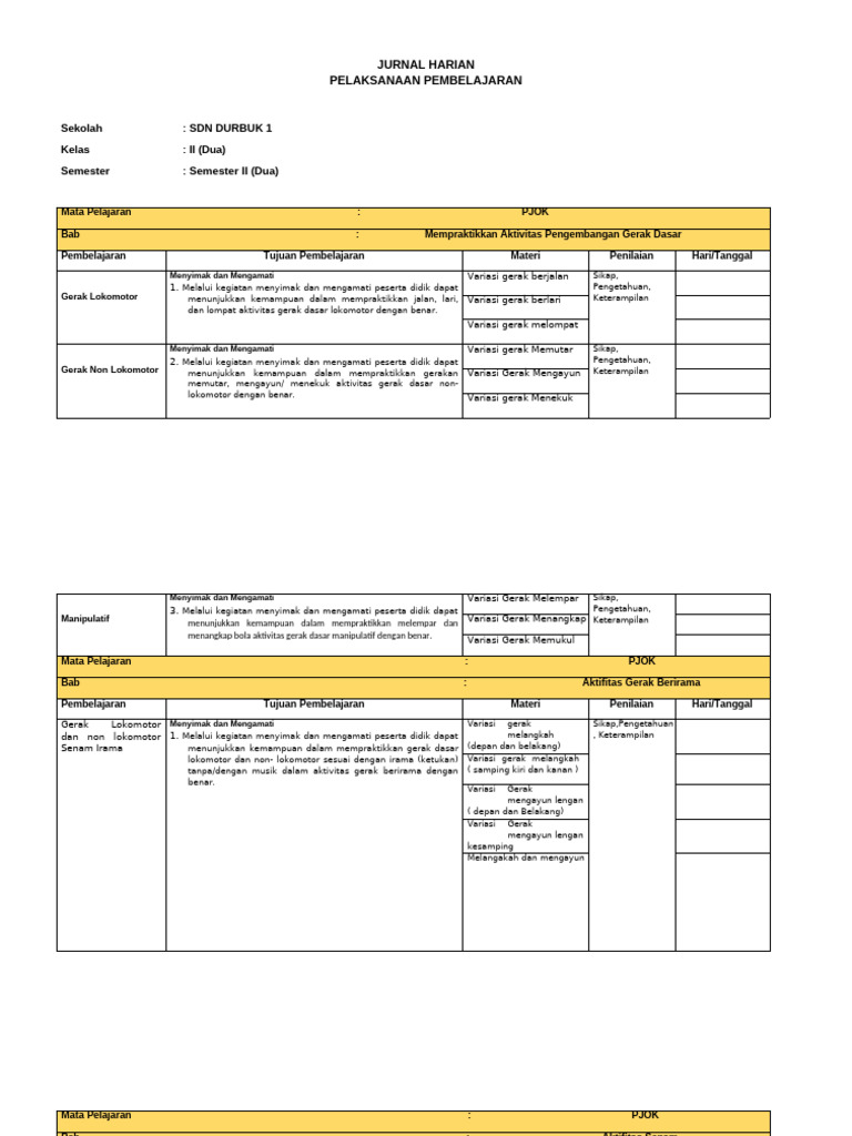 Jurnal Harian PJOK Kelas 2 Semester 1 | PDF