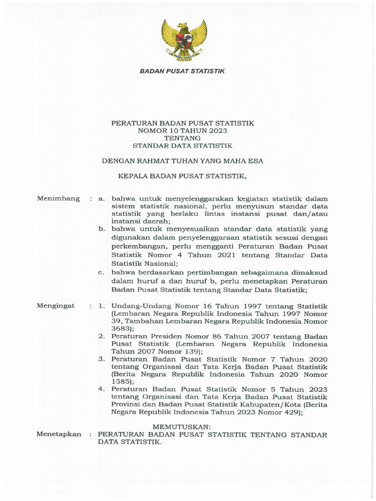 Peraturan Badan Pusat Statistik Nomor 10 Tahun 2023 Tentang Standar Data Statistik 1713339932 | PDF