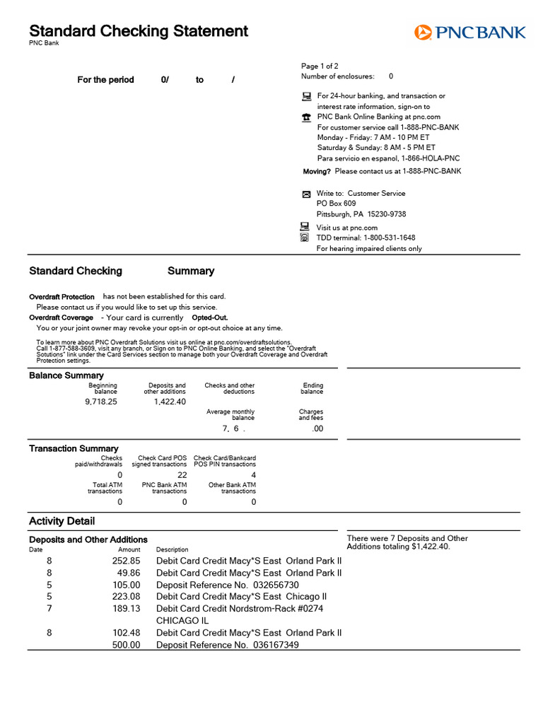 PNC Bank Standard Checking Statement | PDF | Overdraft | Debit Card