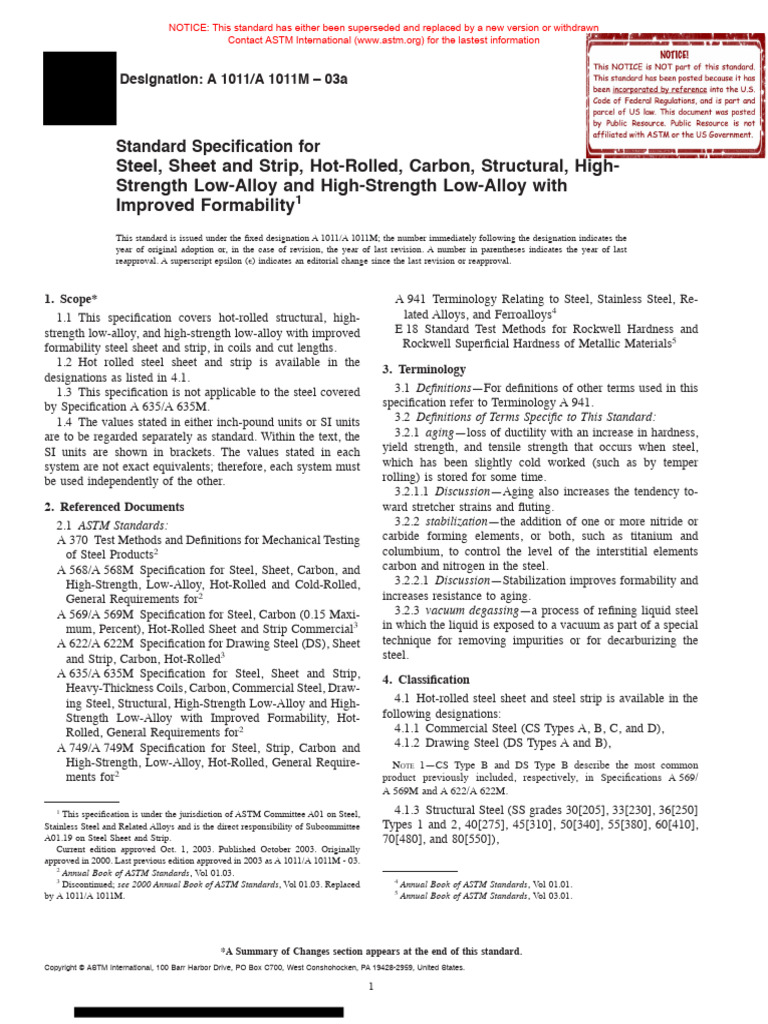 ASTM A1011 Specification Overview | PDF | Steel | Rolling (Metalworking)