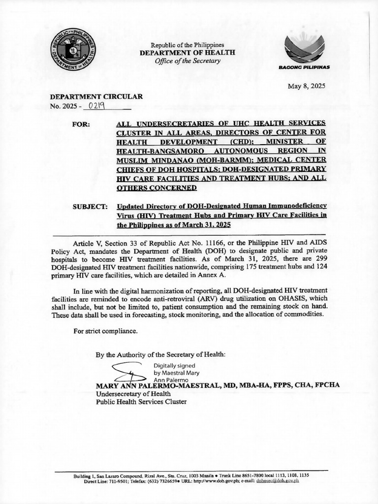 DOH Department Circular No. 2025-0219 - DOH-Designated HIV Treatment ...