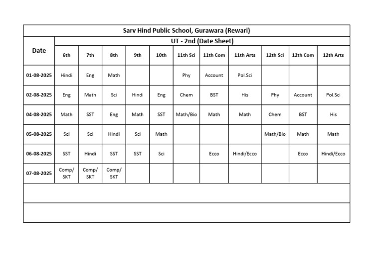 UT Date Sheet 6-12 | PDF
