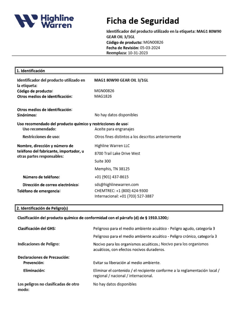 Ficha de Seguridad MAG1 80W90 Gear Oil | PDF
