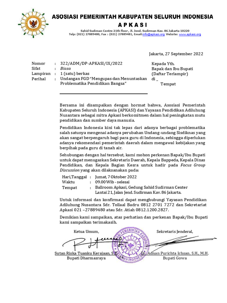 Surat Undangan FGD Apkasi Jumat, 7 Okt - Full | PDF