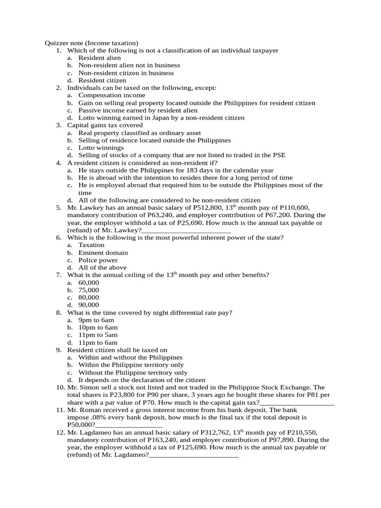 Income Taxation Quiz Questions and Answers | PDF | Tax Deduction | Taxes