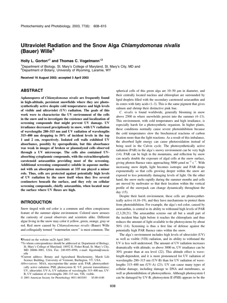Ultraviolet Radiation and The Snow Alga (Bauer) Wille: Chlamydomonas ...