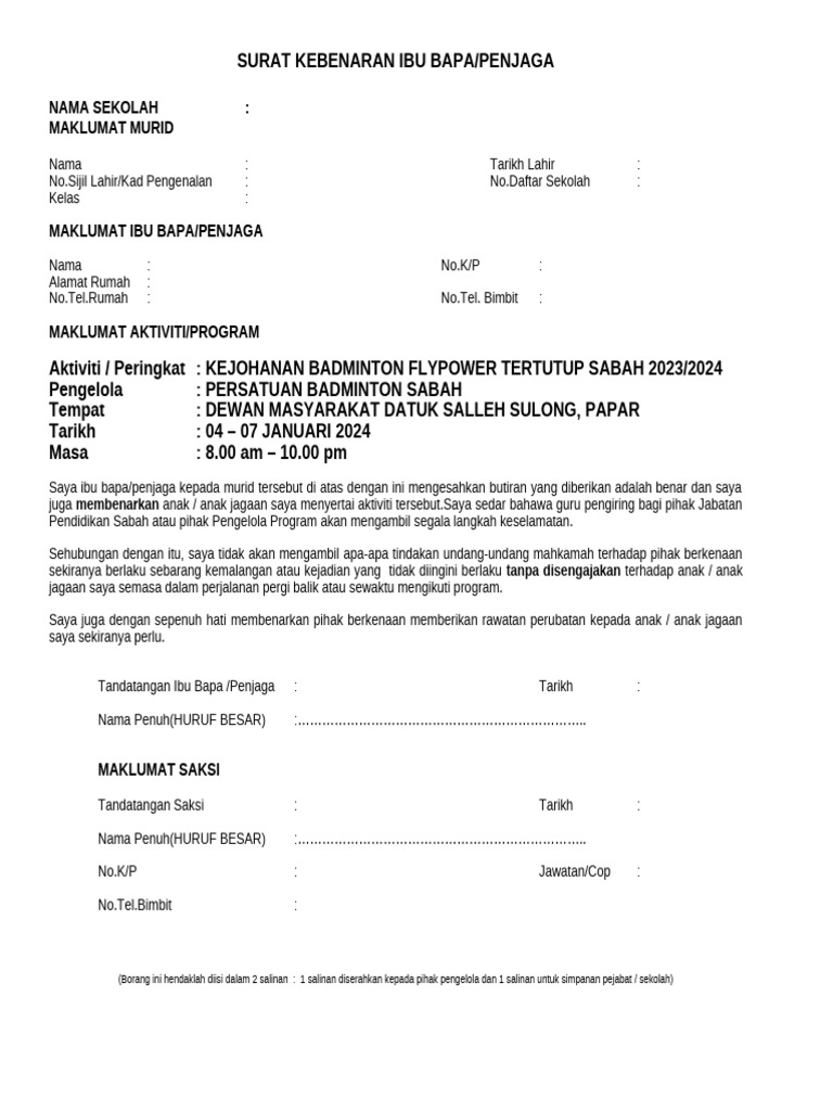 Surat Kebenaran Ibu Bapa | PDF