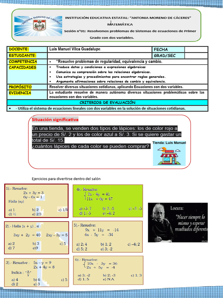 FICHA DE ACTIVIDAD n° 01 Resolvemos problemas sobre SISTEMA DE ...