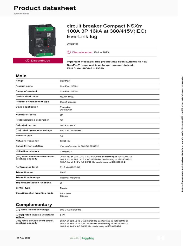 Schneider Electric ComPact-NSXm LV426107 | PDF | Alternating Current | Electrical Engineering