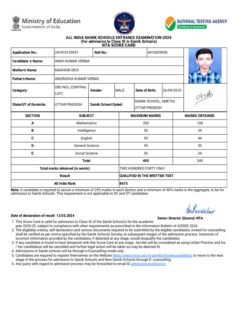 All India Sainik Schools Entrance Exam Aissee - Aissee - 2024 - India | PDF